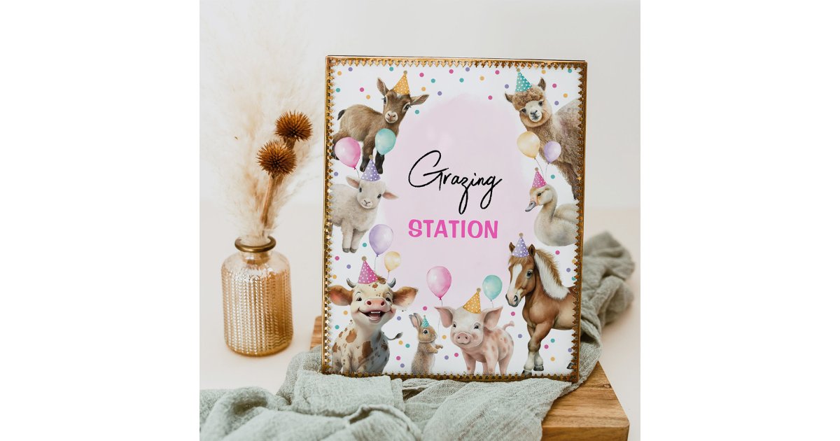 Grazing Station Farm Animals Girl Birthday Party Poster | Zazzle