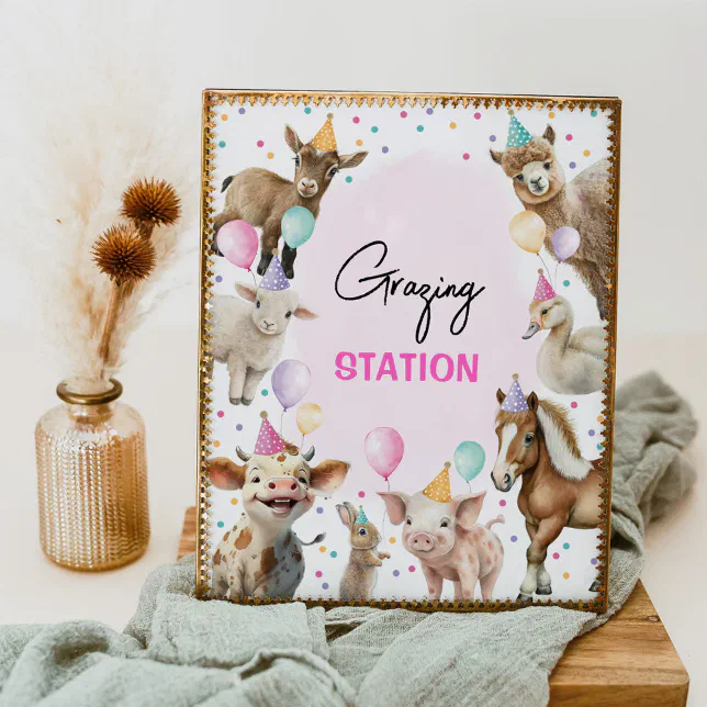 Grazing Station Farm Animals Girl Birthday Party Poster | Zazzle