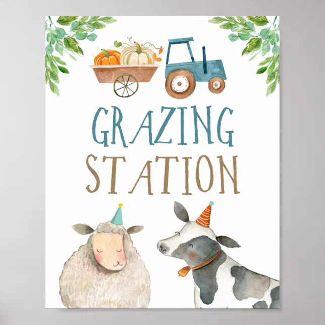 Grazing Station Farm Animals Pumpkin Boy Birthday Poster | Zazzle