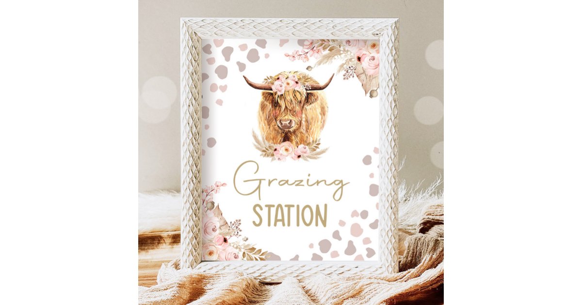 Grazing Station Highlander Cow Boho Farm Birthday Poster | Zazzle