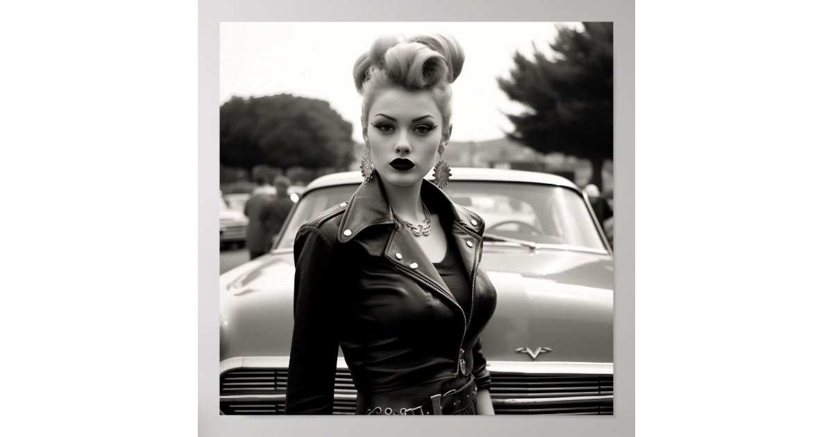 Greaser Punk Girl in front of a Vintage Car Poster | Zazzle