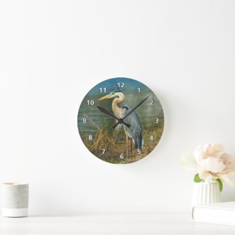 Great Blue Heron at the Pond Round Clock | Zazzle