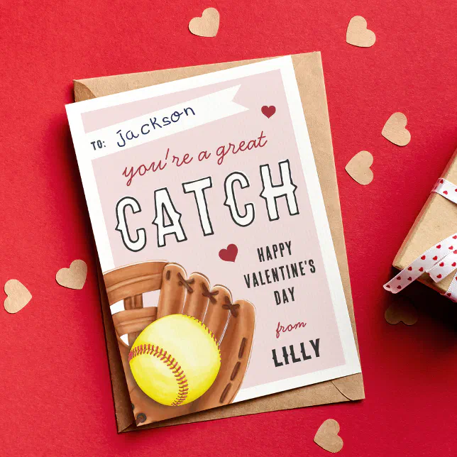 Great Catch Softball Classroom Valentines Day Card | Zazzle