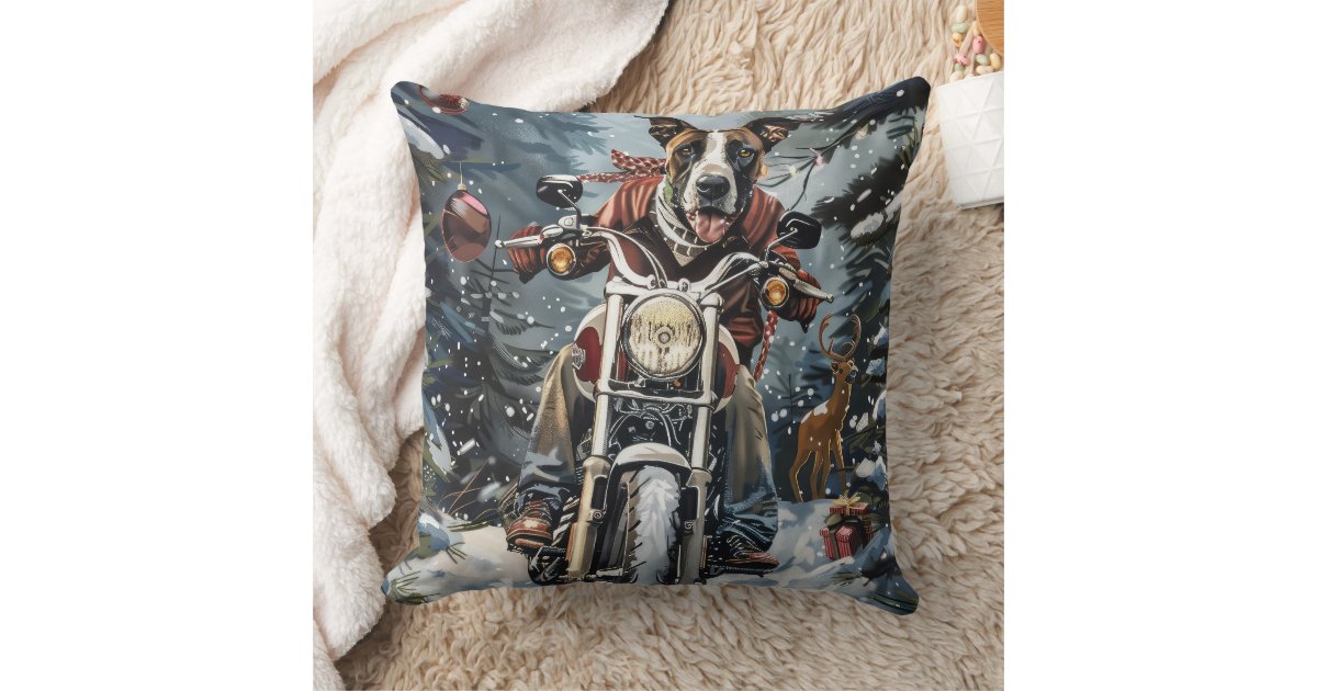 Great Dane Dog Riding Motorcycle Christmas Throw Pillow | Zazzle