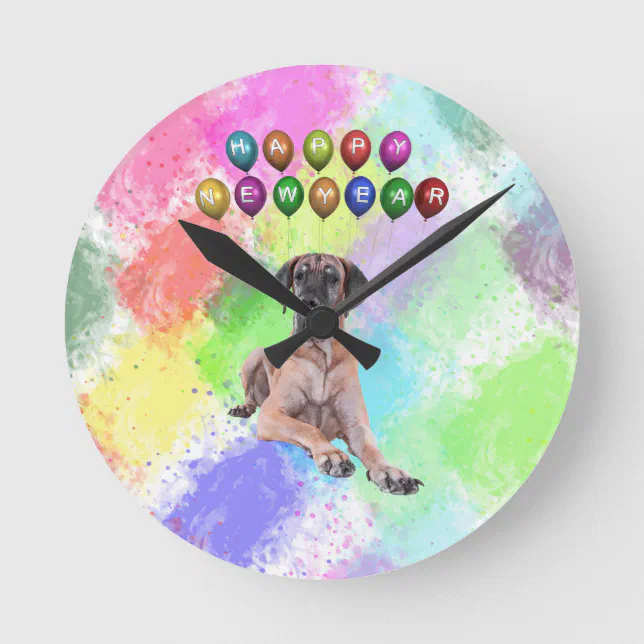 Great Dane Dog Wishing Happy New Year Round Clock | Zazzle
