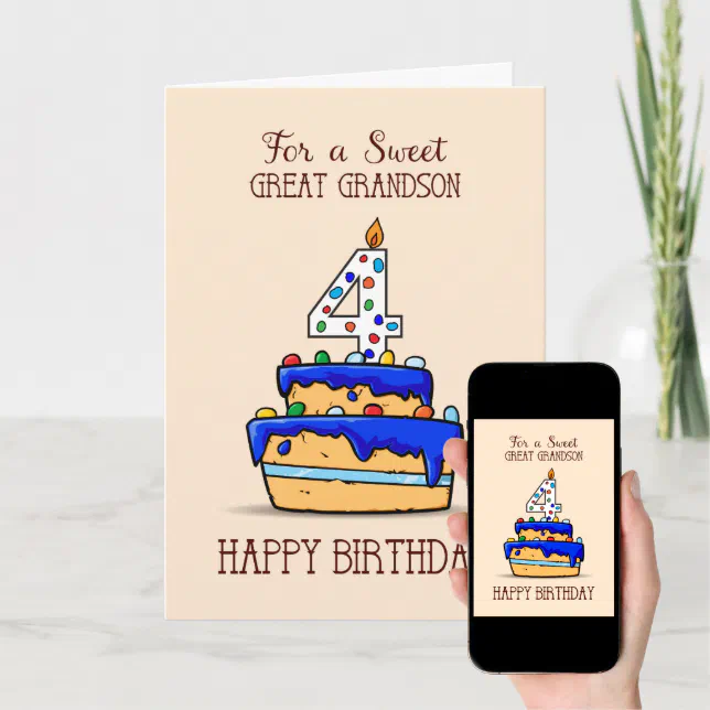 Great Grandson 4th Birthday, 4 on Sweet Blue Cake Card | Zazzle