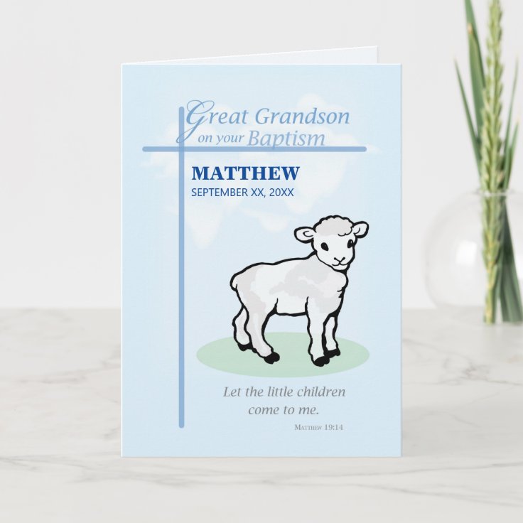 Great Grandson Custom Name and Date Baptism Blue Card | Zazzle