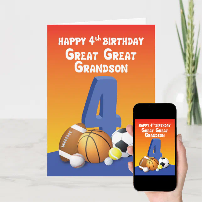Great Great Grandson 4th Birthday Sports Balls Card | Zazzle