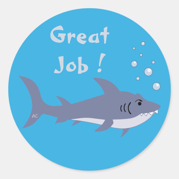 Great Job Cartoon Shark Blue Reward Stickers | Zazzle