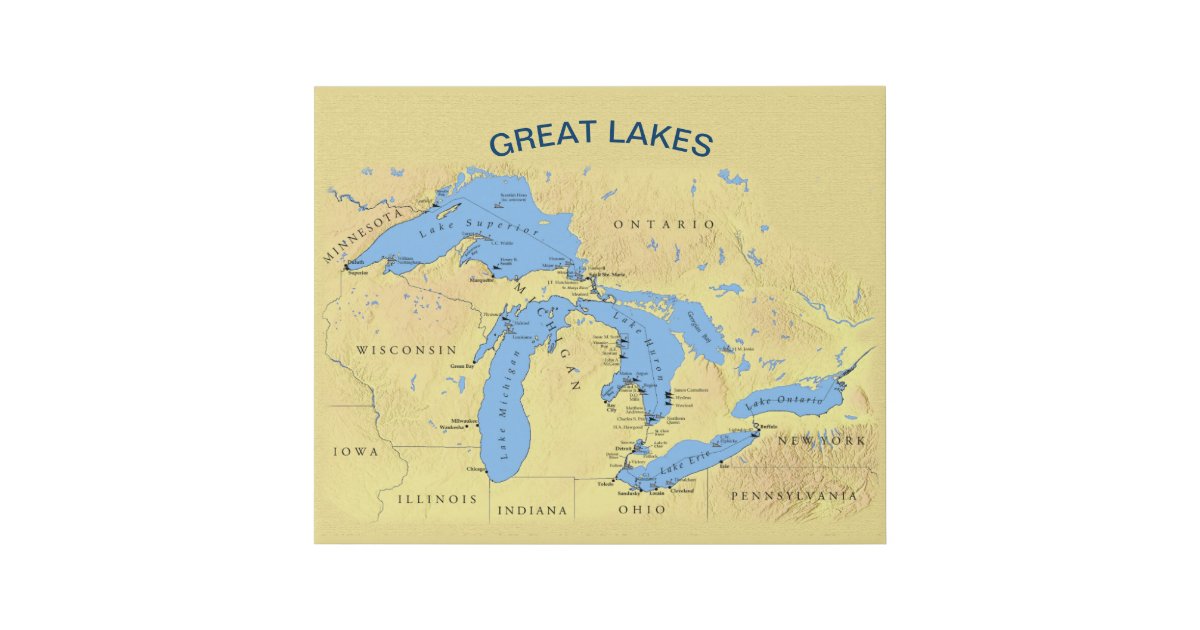 Great Lakes Map of North America Faux Canvas Print | Zazzle