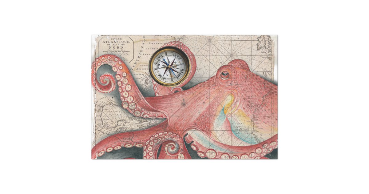 Great Pacific Octopus Vintage Map Compass Art Tissue Paper | Zazzle