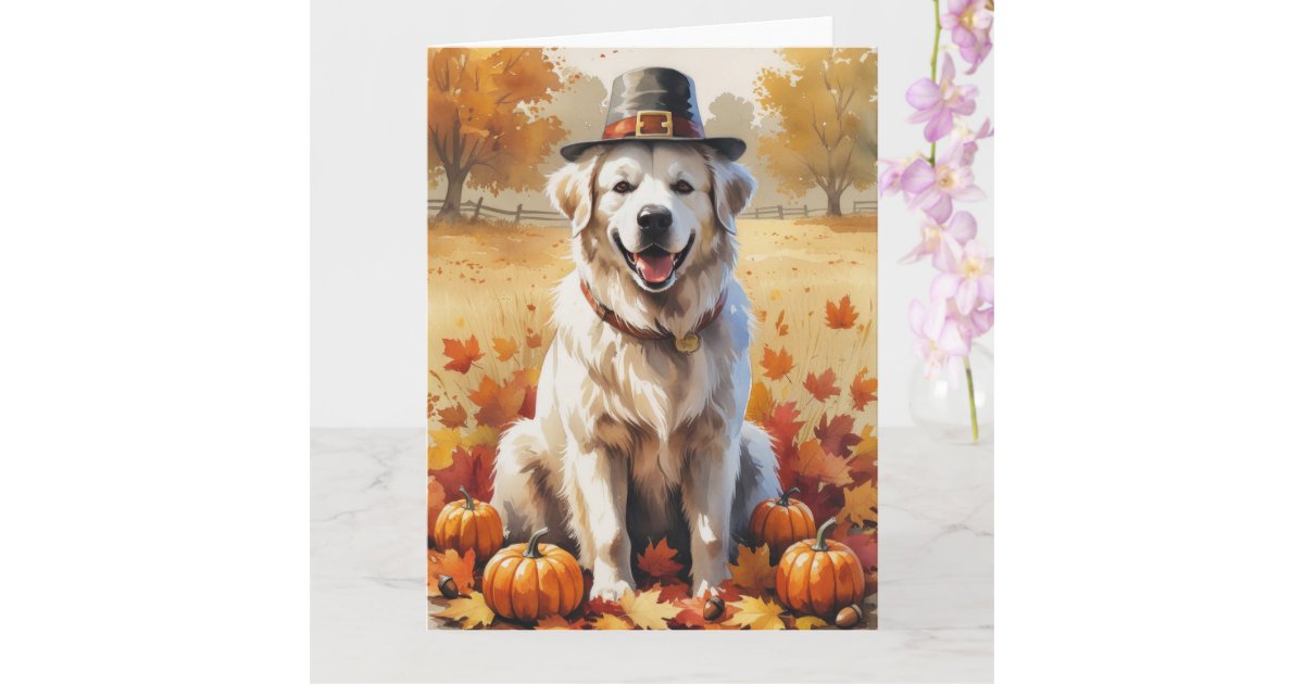 Great Pyrenees In Autumn Leaves Thanksgiving Art Card | Zazzle