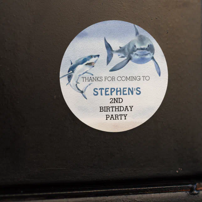 Great White Shark Birthday Favor Thank you Classic Round Sticker | Zazzle