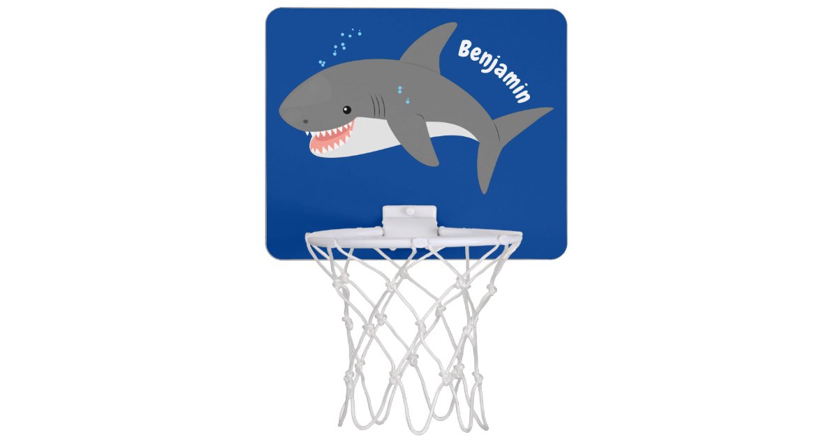 Great white shark happy cartoon illustration mini basketball hoop | Zazzle