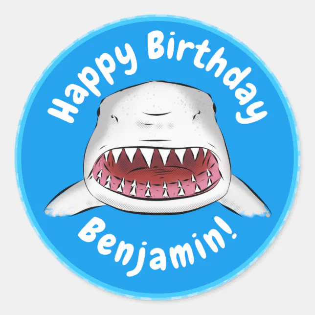 Great white shark mean cartoon illustration classic round sticker | Zazzle