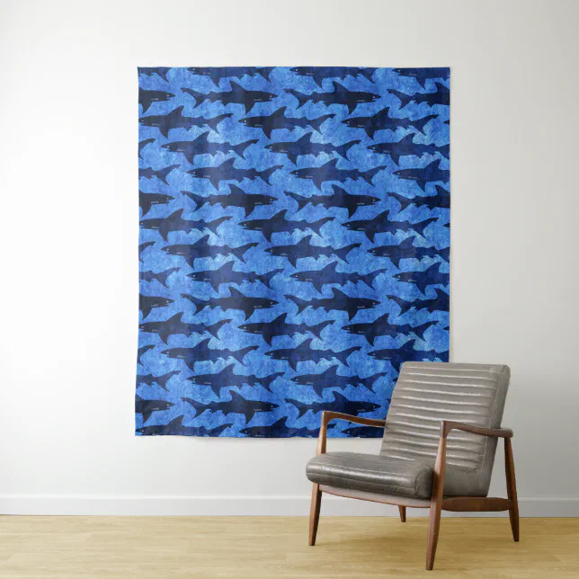 Great White Sharks in the Deep Blue Sea Tapestry | Zazzle