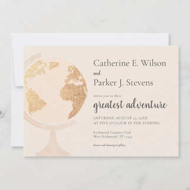 Greatest Adventure World Globe Travel Gold Wedding Invitation | Zazzle
