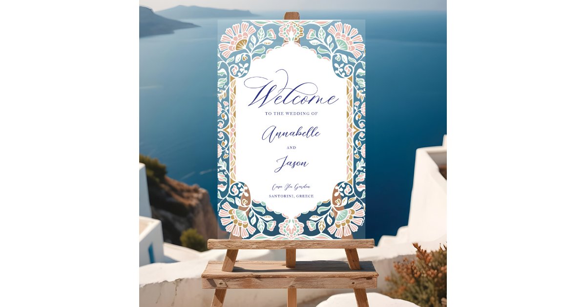 Greece Blue Floral Ornate Frame Wedding Welcome Acrylic Sign | Zazzle