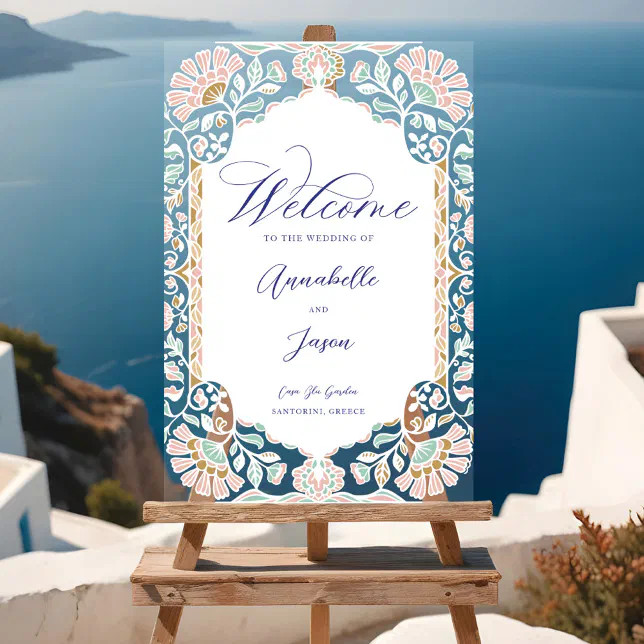 Greece Blue Floral Ornate Frame Wedding Welcome Acrylic Sign | Zazzle