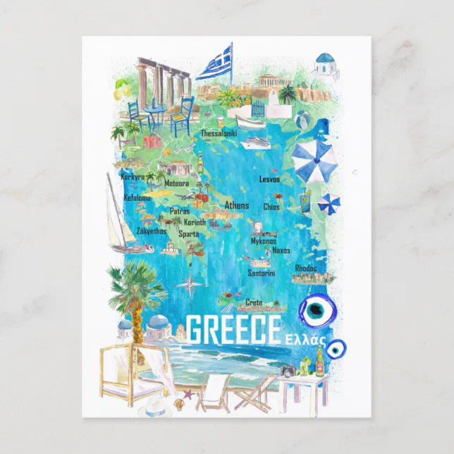 Greece Illustrated Travel Map in Mediterranean Pos Postcard | Zazzle