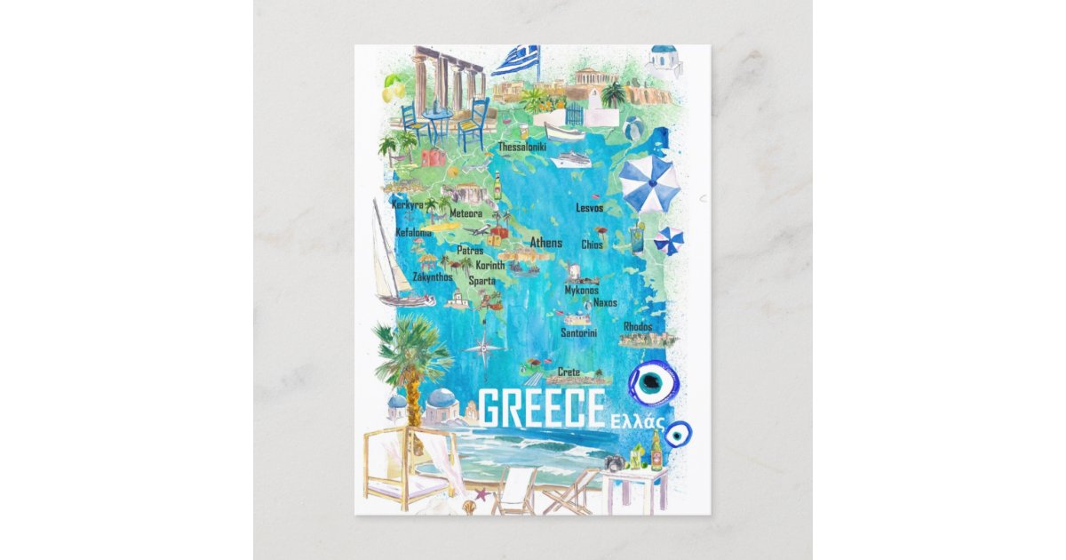 Greece Illustrated Travel Map in Mediterranean Postcard | Zazzle