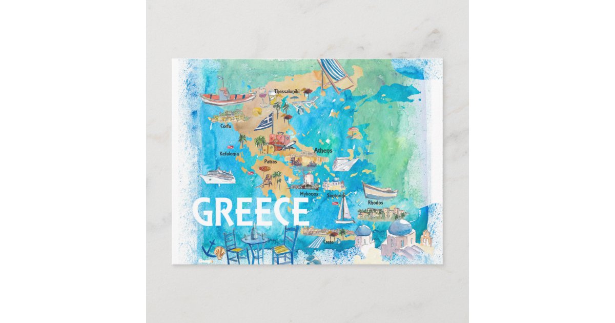 Greece Illustrated Travel Map with Landmarks Postcard | Zazzle