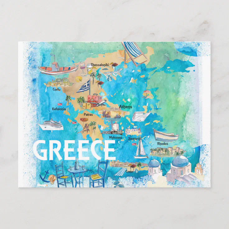Greece Illustrated Travel Map with Landmarks Postcard | Zazzle