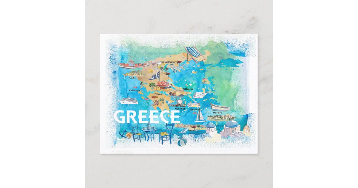 Greece Illustrated Travel Map with Landmarks Postcard | Zazzle