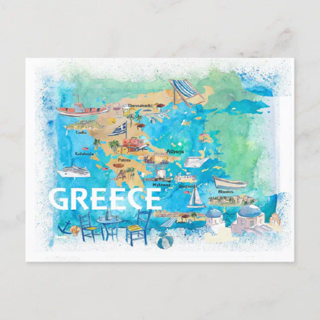 Greece Illustrated Travel Map with Landmarks Postcard | Zazzle