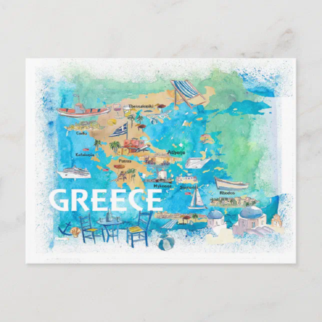 Greece Illustrated Travel Map with Landmarks Postcard | Zazzle
