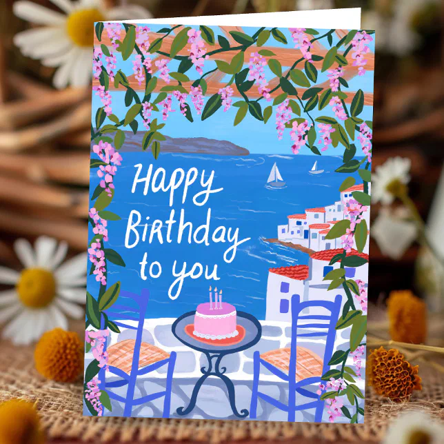 Greece Terrace Views Art Painting Happy Birthday Card | Zazzle