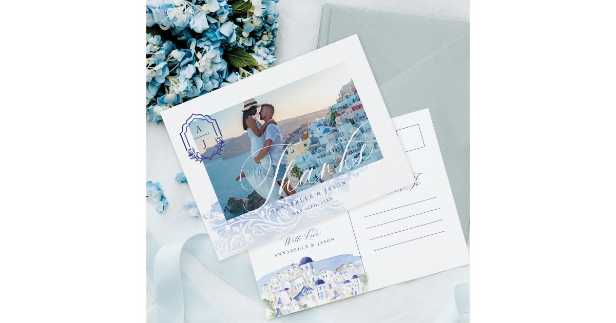 Greece Wedding Thank You Script Monogram Photo Postcard | Zazzle