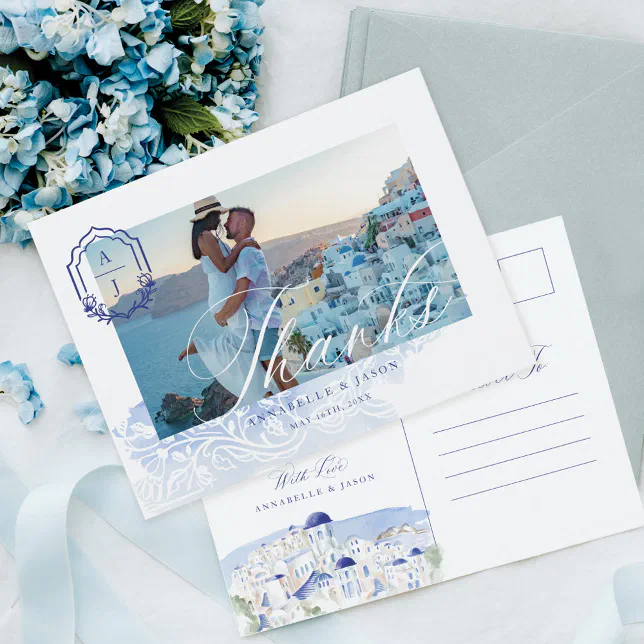 Greece Wedding Thank You Script Monogram Photo Postcard | Zazzle