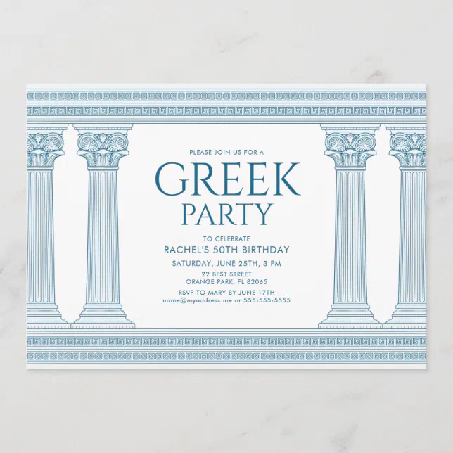 Greek Birthday Party with elegant blue columns Invitation | Zazzle
