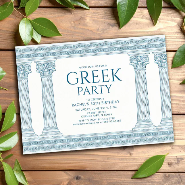 Greek Birthday Party with elegant blue columns Invitation | Zazzle