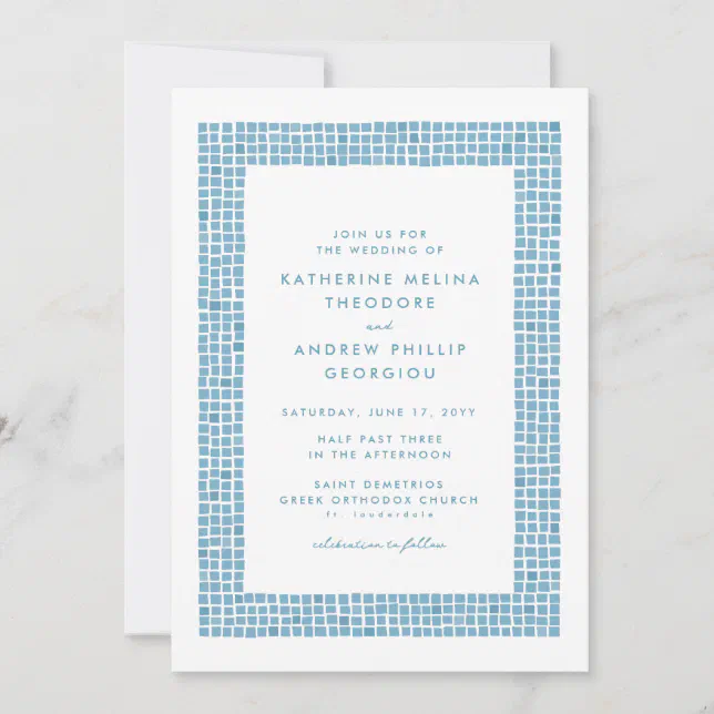 Greek blue tile frame simple destination wedding invitation | Zazzle