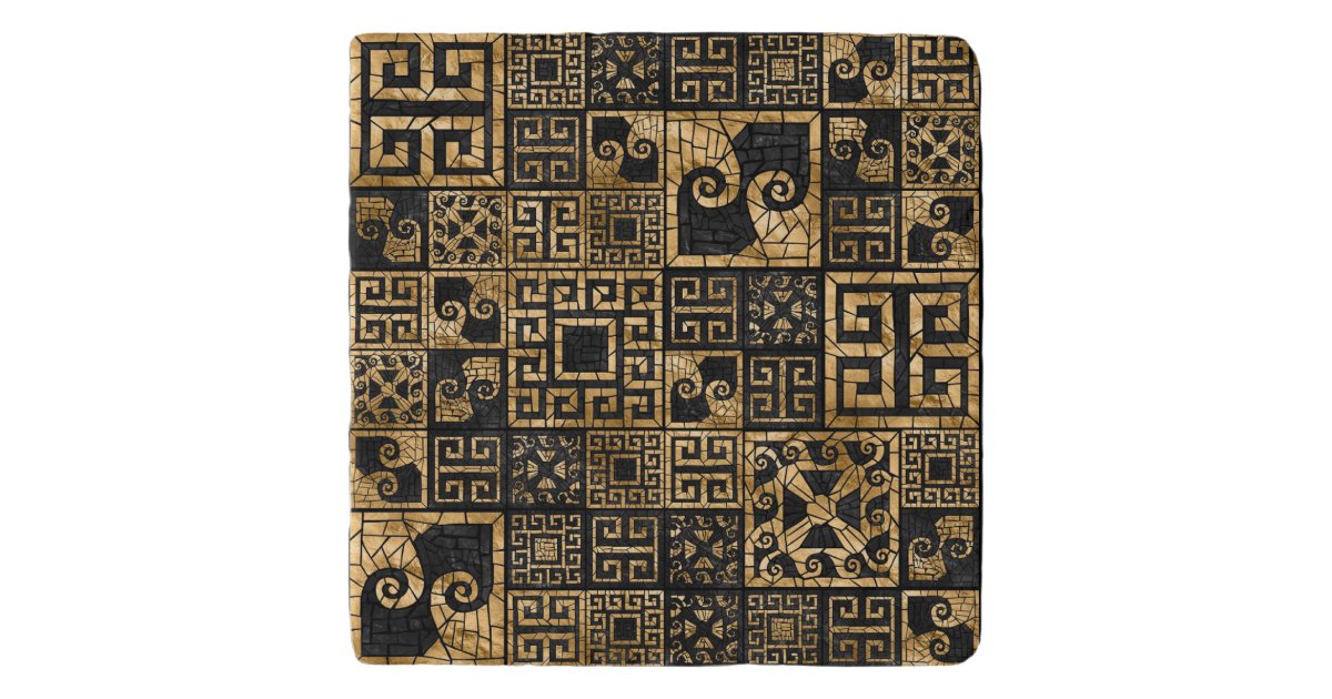 Greek Broken Tile Mosaic Black and gold Trivet | Zazzle