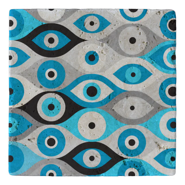 Greek Evil Eye pattern Blues and Greys Trivet | Zazzle
