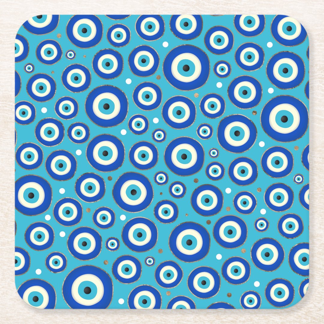 Greek Evil Eye pattern with golden accents Square Paper Coaster | Zazzle