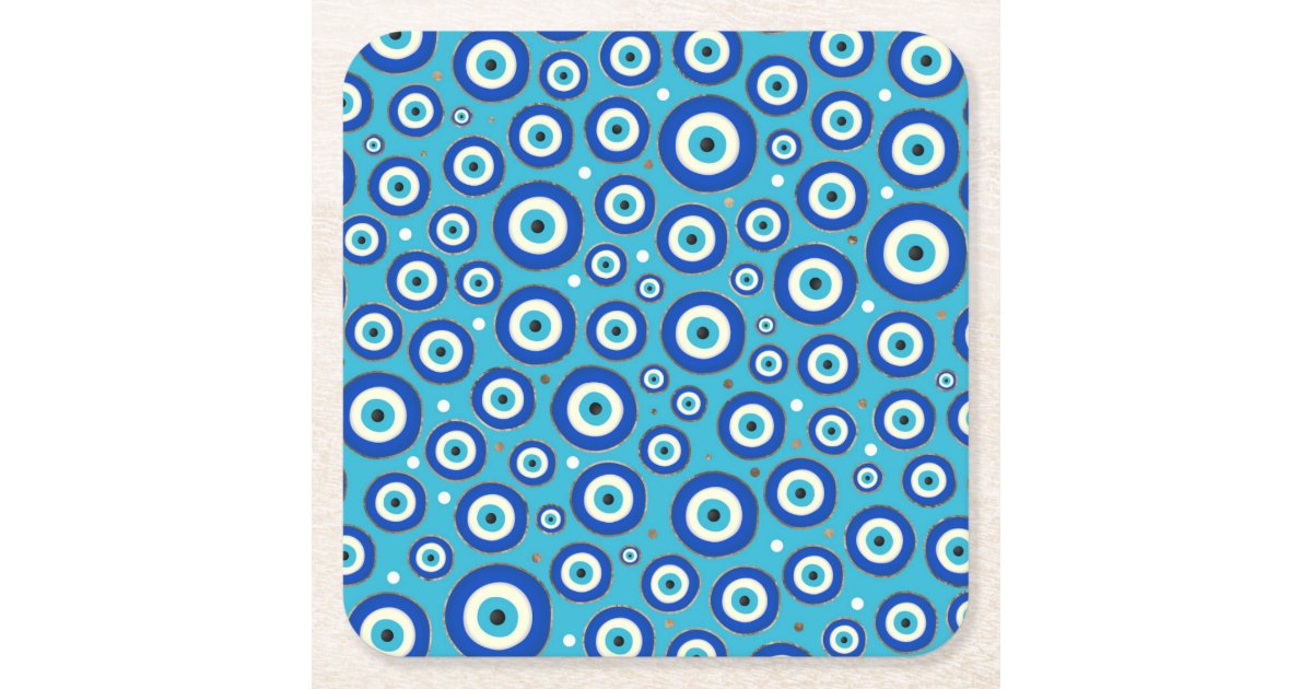 Greek Evil Eye pattern with golden accents Square Paper Coaster | Zazzle