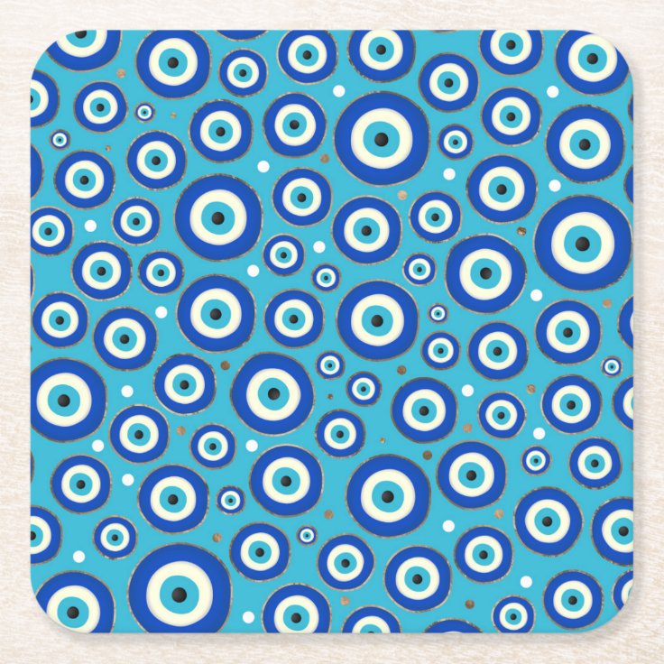 Greek Evil Eye pattern with golden accents Square Paper Coaster | Zazzle
