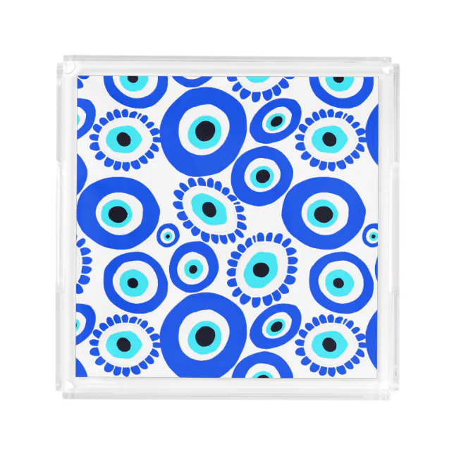 Greek Eye Contemporary Blue White Pattern Acrylic Tray | Zazzle