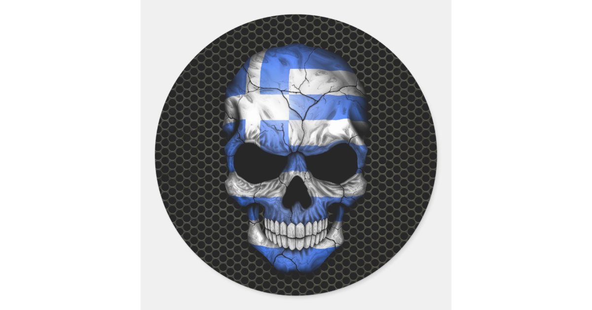 Greek Flag Skull on Steel Mesh Graphic Classic Round Sticker | Zazzle