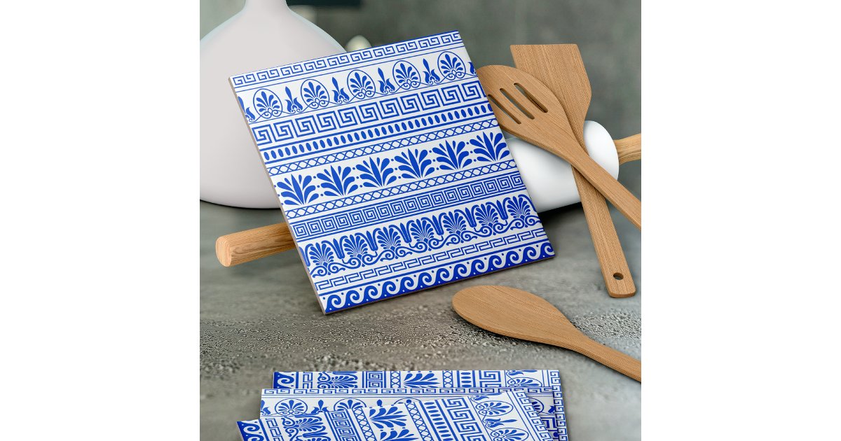 Greek Fret, Mediterranean Pattern, Blue Ceramic Tile | Zazzle