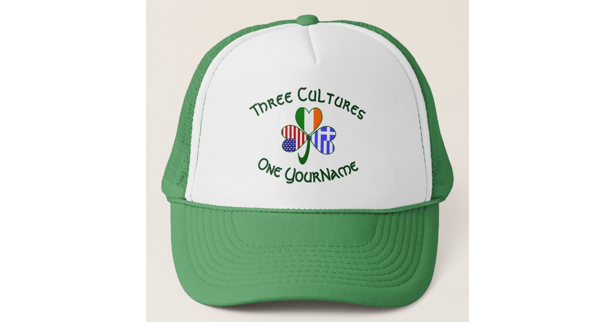 Greek Irish USA Shamrock Flags Personalized Text Trucker Hat | Zazzle