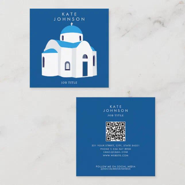 Greek Island Santorini Blue Dome Church QR Code Square Business Card ...