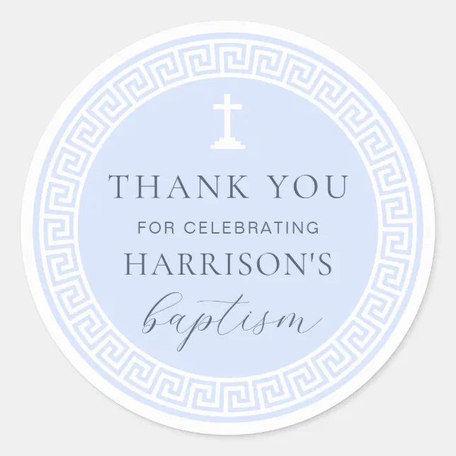Greek Key Blue Baptism Thank You Classic Round Sticker | Zazzle