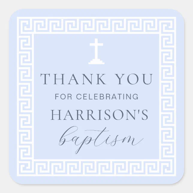 Greek Key Blue Baptism Thank You Square Sticker | Zazzle