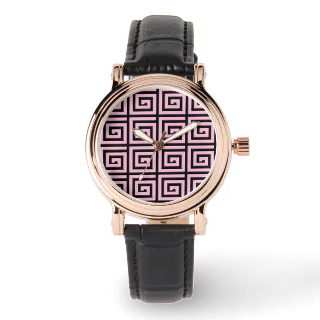 Greek Key design - pink and black enamel look Watch | Zazzle