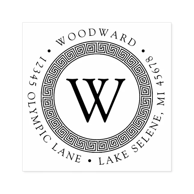 Greek Key Monogram Round Return Address Rubber Stamp | Zazzle